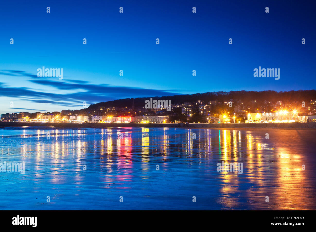 Twilight over Weston-Super-Mare, Somerset, England, UK with the lights ...