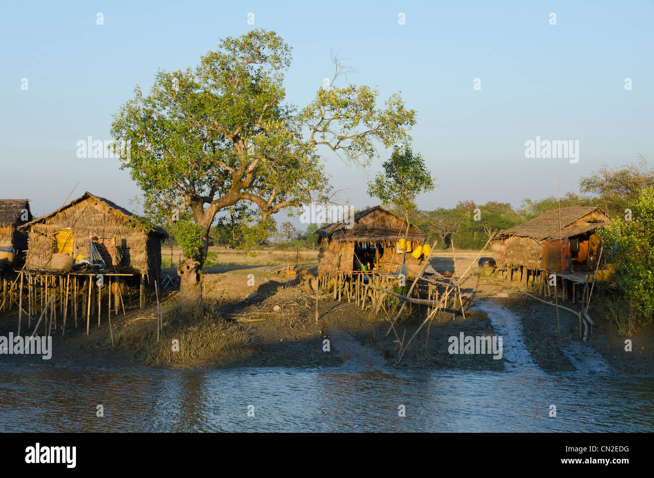Bamboo huts along a waterway near Labutta. Irrawaddy delta. Myanmar ...