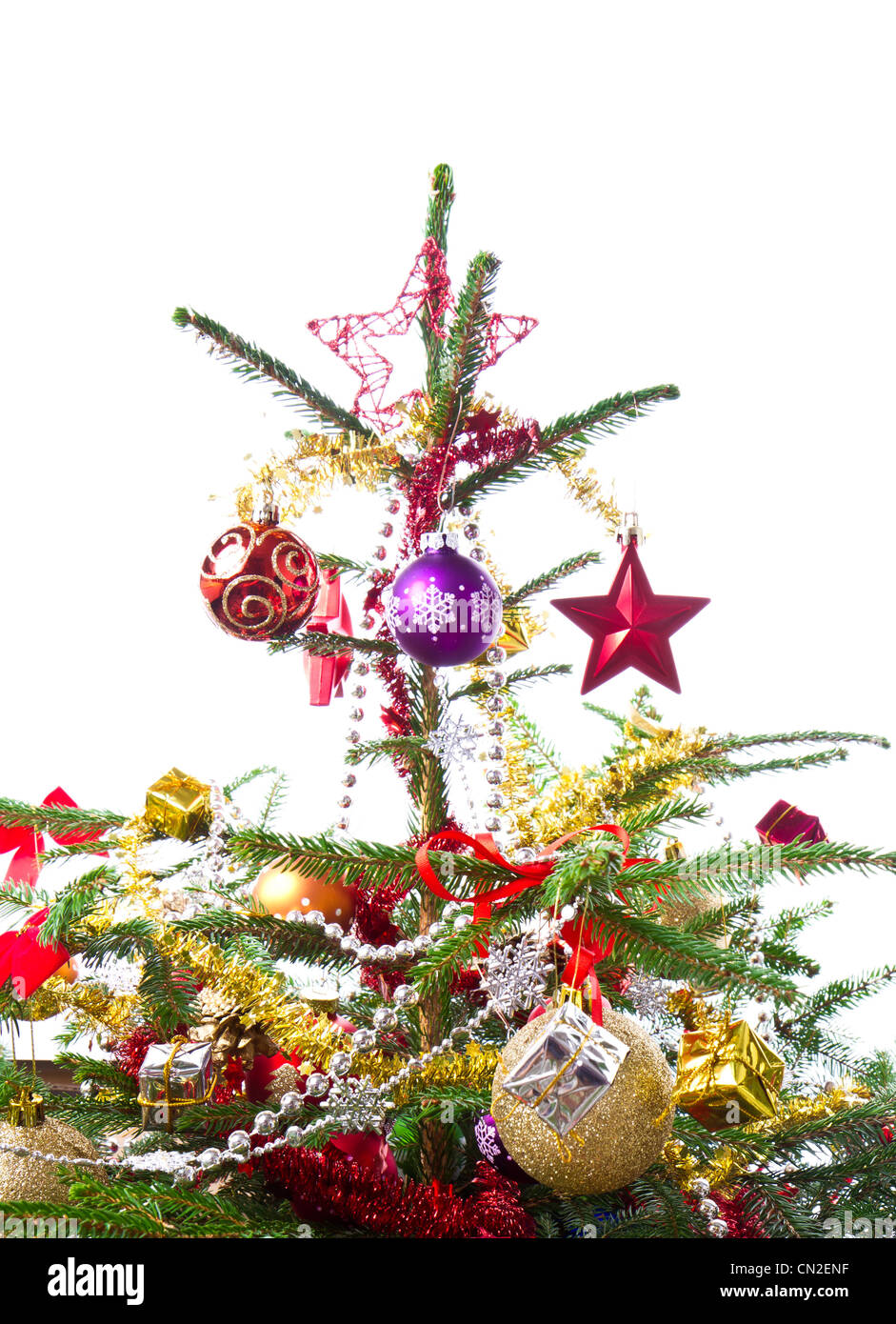 decorated christmas tree isolated on white background Stock Photo - Alamy