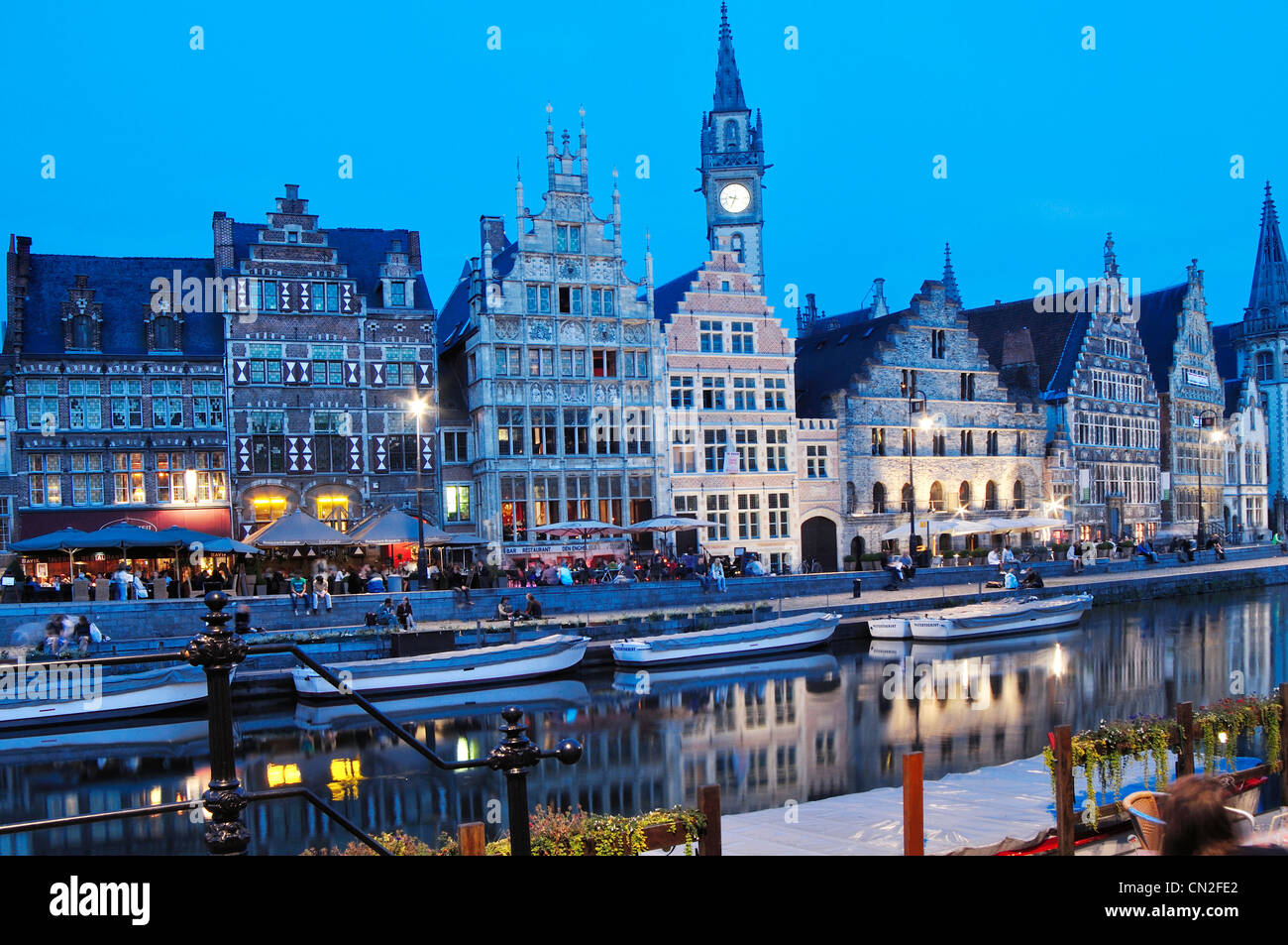 Belgium, Flanders, Ghent, Waterfront at Graslei, Palace Mirroring on ...