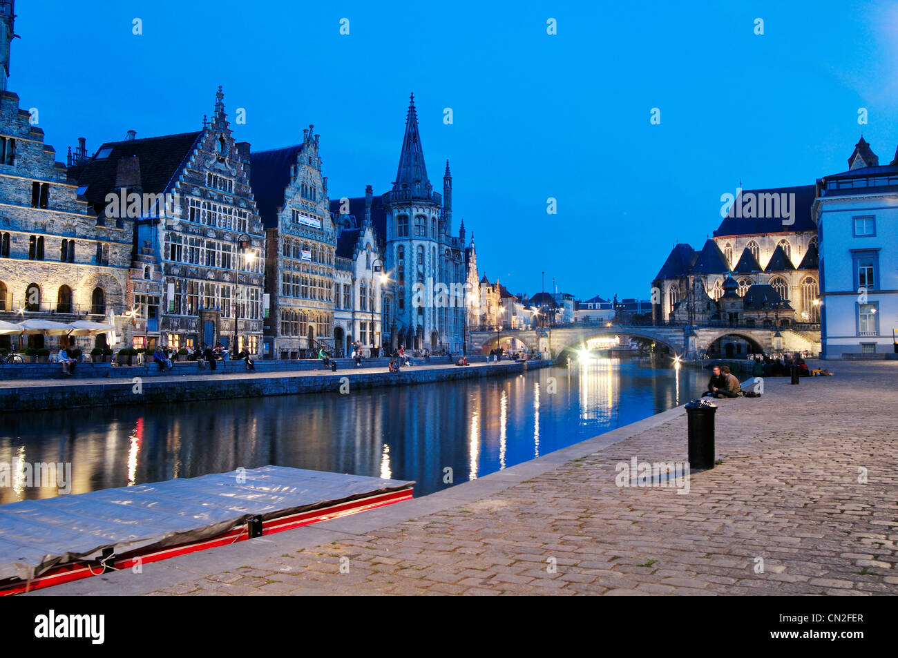 Belgium, Flanders, Ghent, Waterfront at Graslei, Palace Mirroring on ...