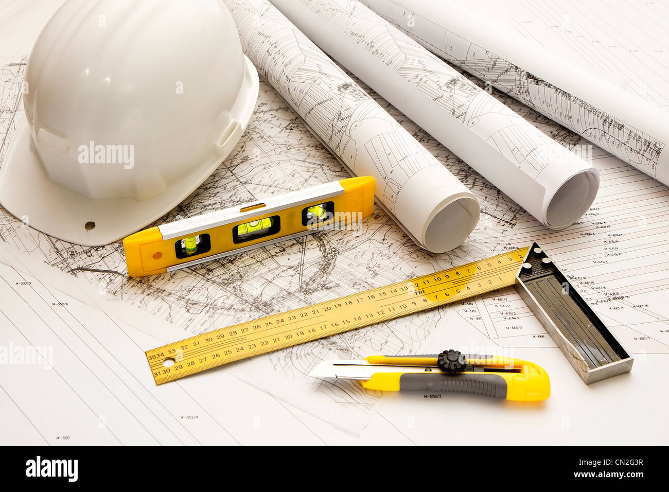 architecture blue plans and work tool Stock Photo - Alamy