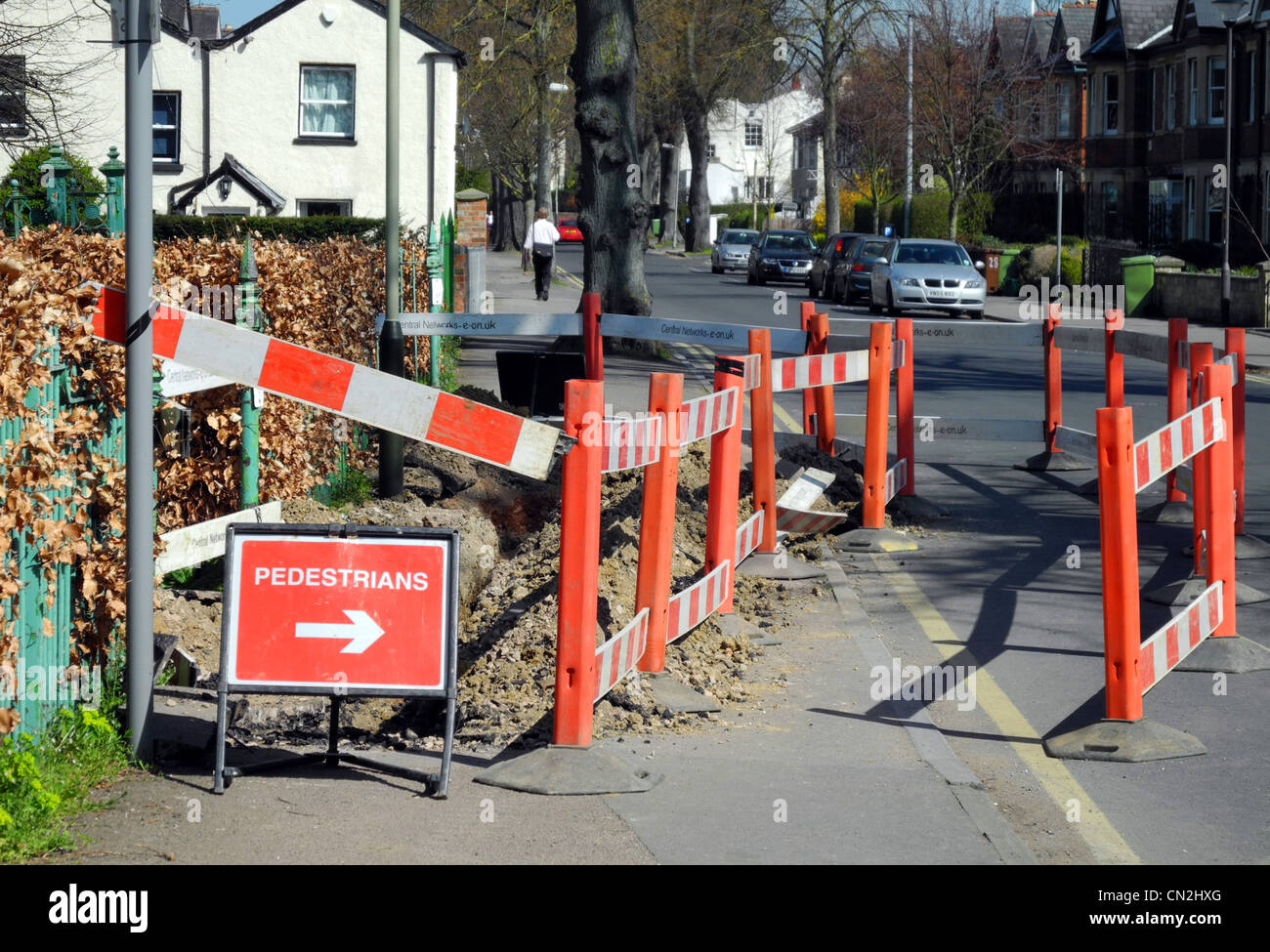pedestrian diversion on pavement Cheltenham UK Stock Photo - Alamy