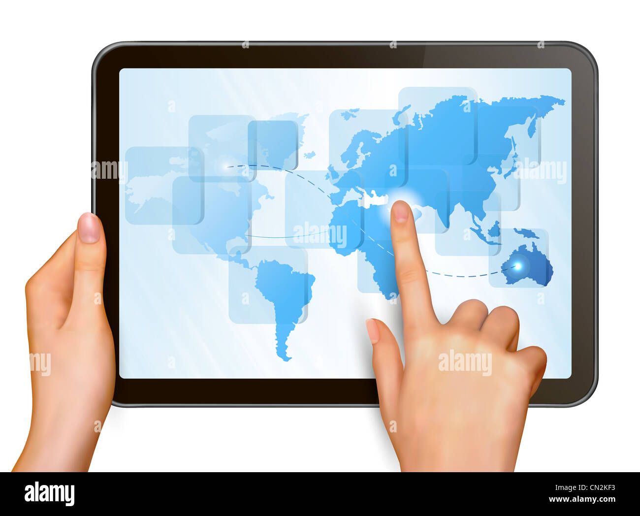 Finger touching world map on a touch screen Stock Photo - Alamy