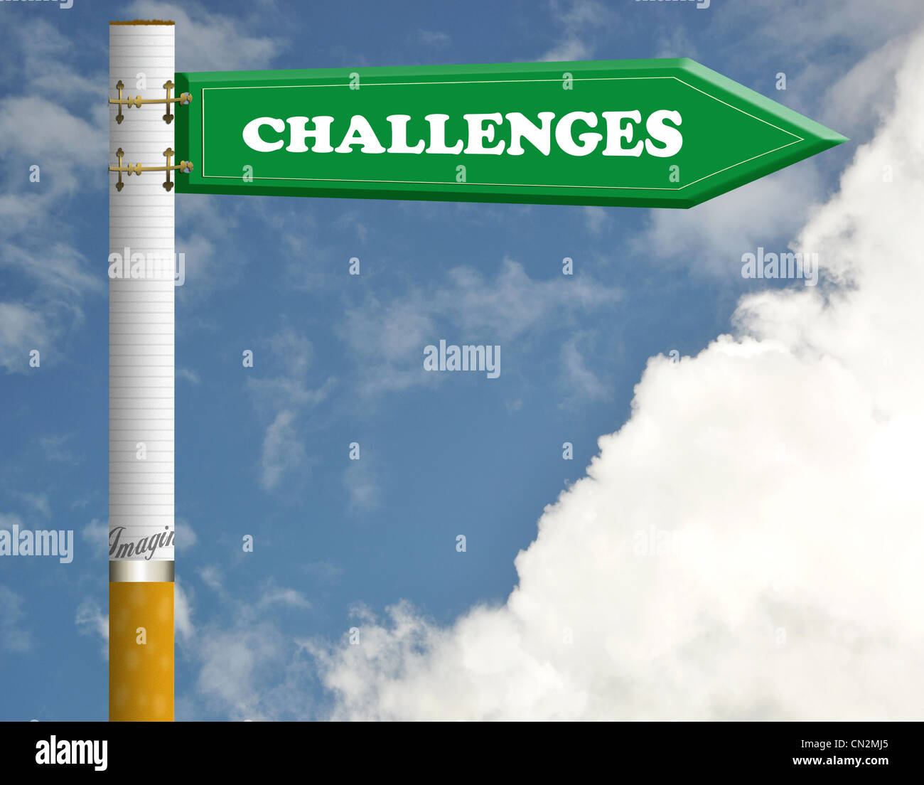 Challenges cigarette road sign Stock Photo - Alamy