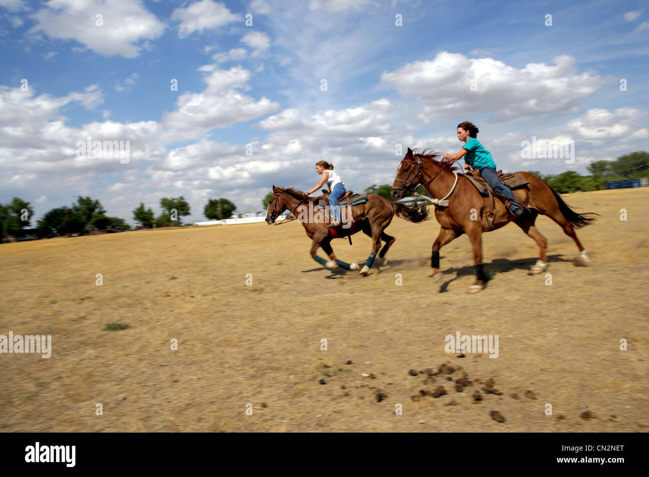 Galloping past at full speed on horses, Val Marie, Saskatchewan Stock ...