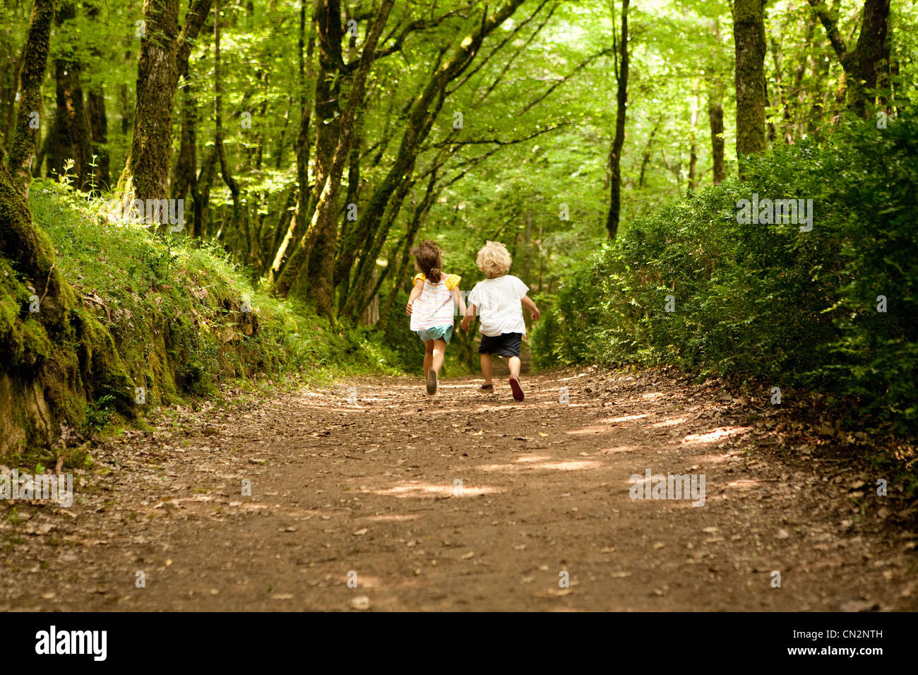 Two children on woodland path Stock Photo - Alamy