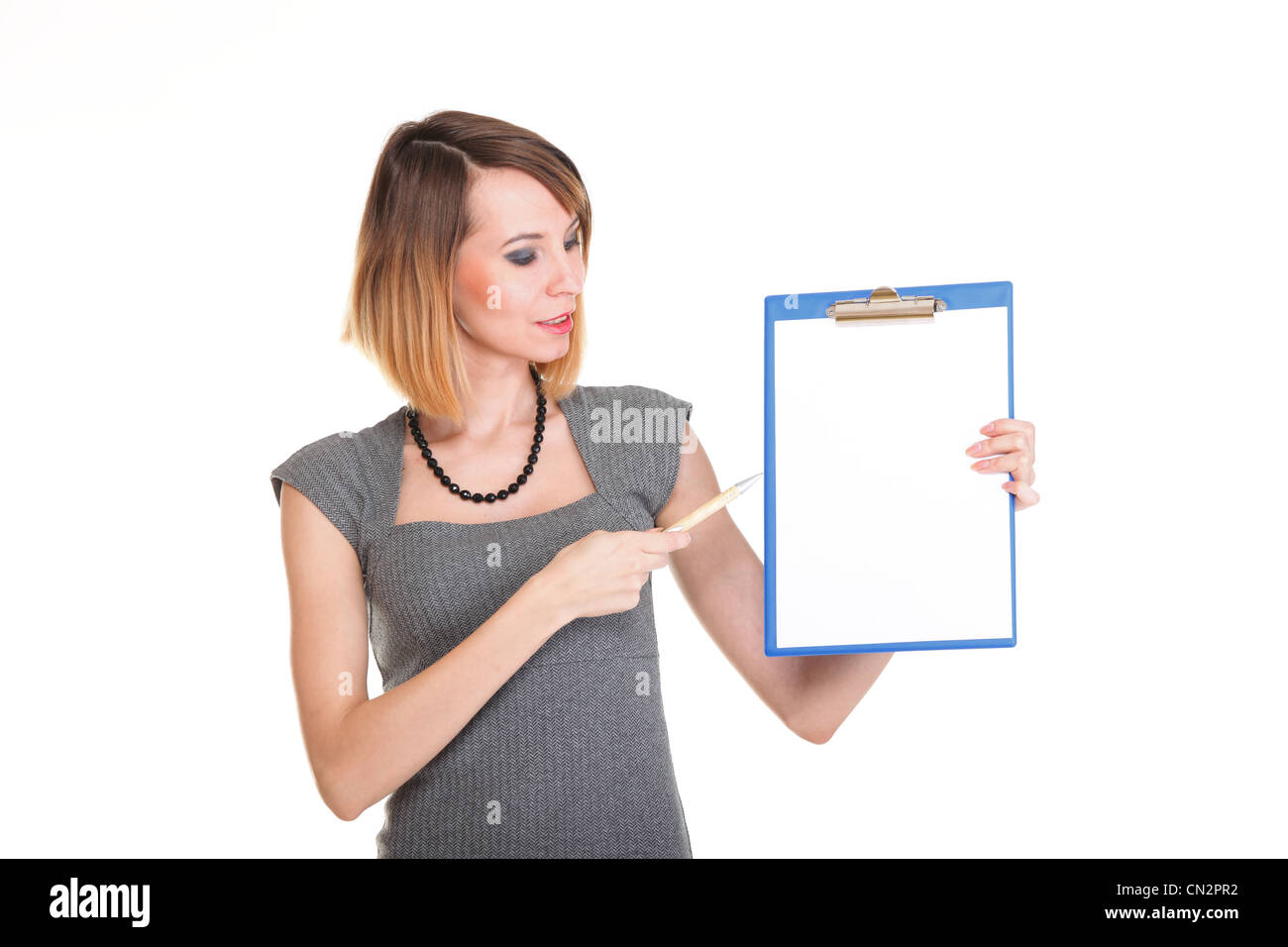young business woman standing with her clipboard isolated on white ...