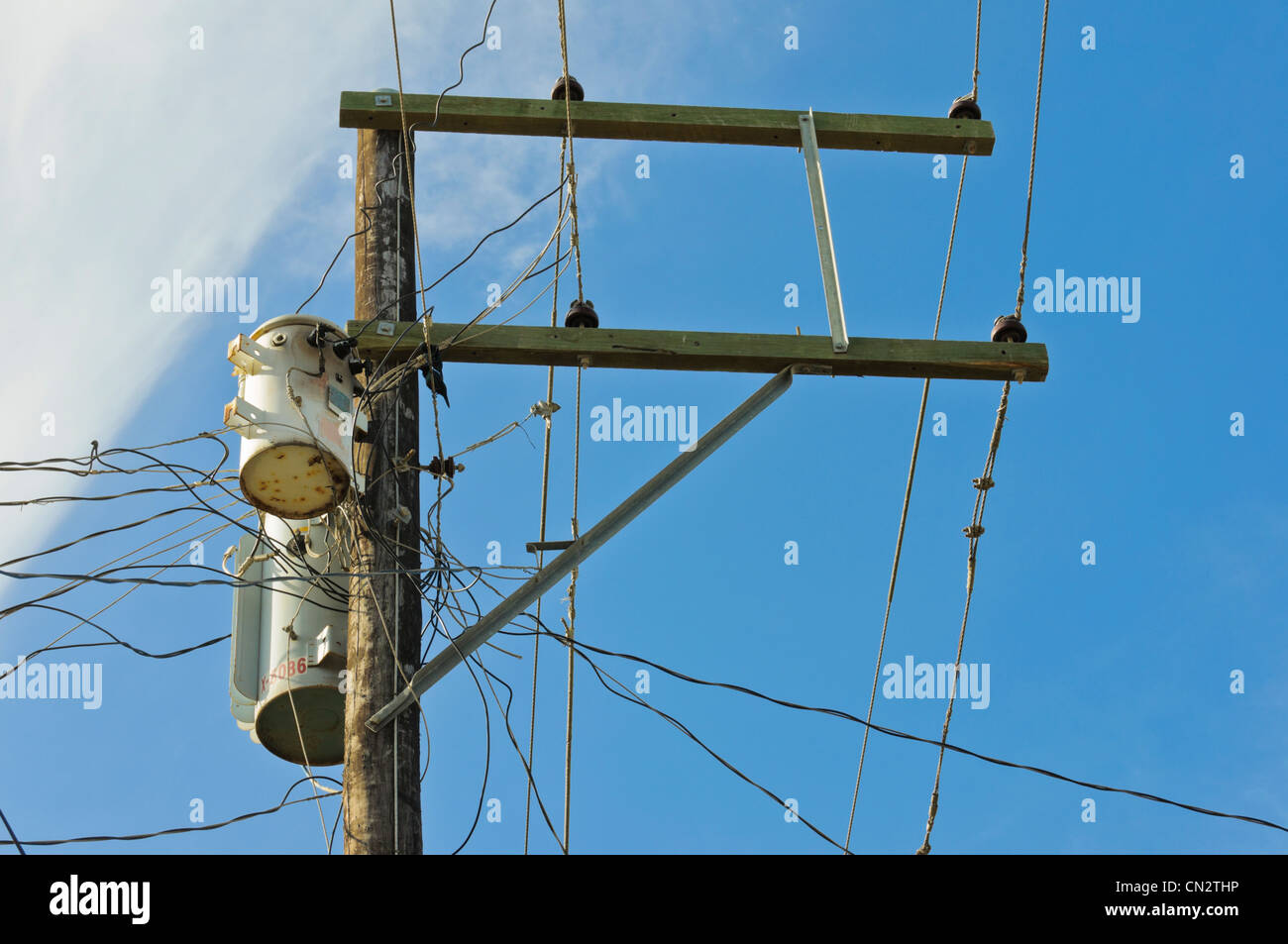 Power lines on wooden post with chaotic dangerous wiring and ...