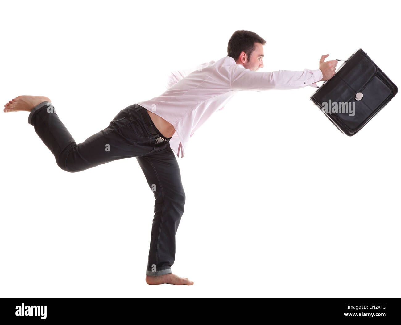 Businessman running with a briefcase, isolated on white background ...