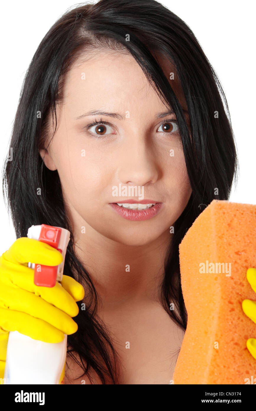 Woman with sponge and spray. Isolated on white background Stock Photo ...