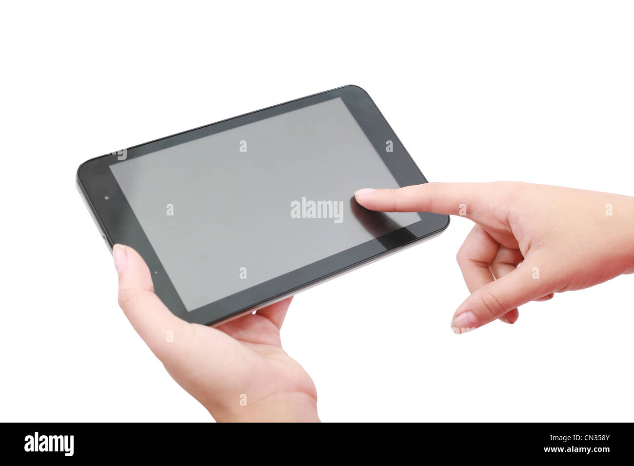 Woman hands holding and pointing on contemporary digital frame with ...