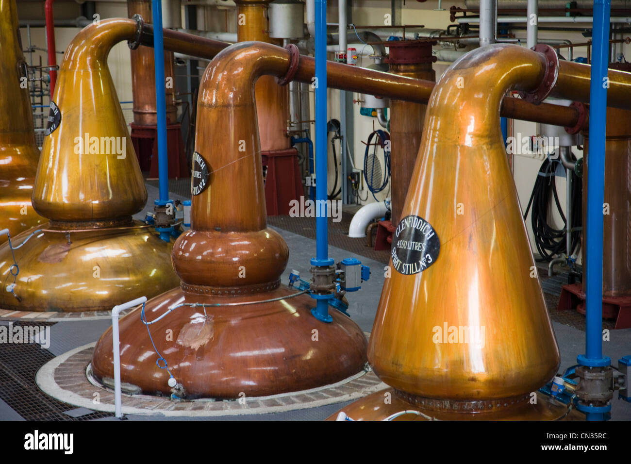 Scotland, Speyside, Dufftown, Glenfiddich Whiskey Distillery, Copper ...