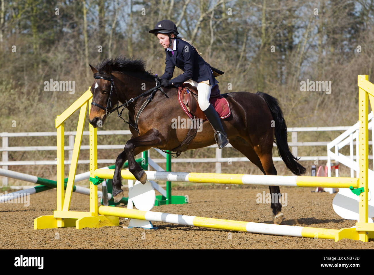 A horse and rider competing in a show jumping event held outside on a ...
