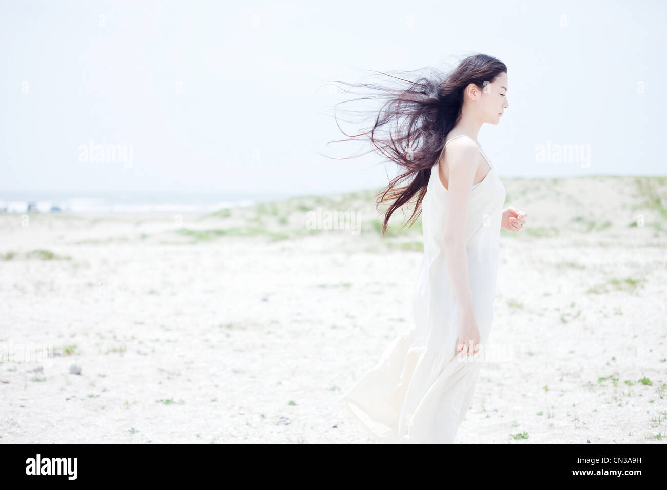 Young woman with long windswept black hair on beach Stock Photo - Alamy