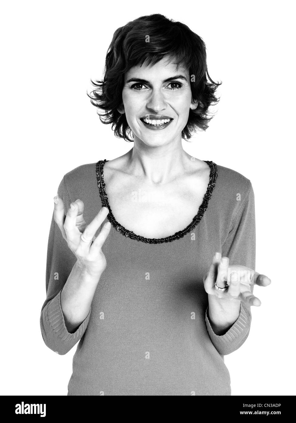 Woman gesturing with hands, portrait Stock Photo - Alamy