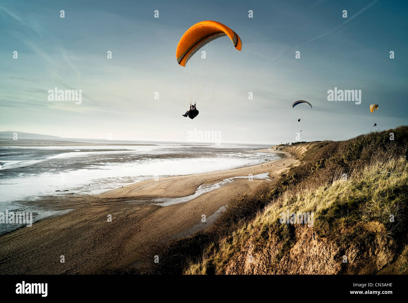 Hang gliders over beach Stock Photo - Alamy
