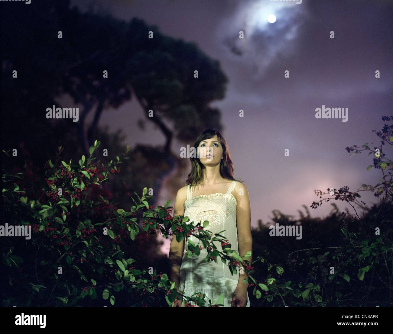 Woman in bushes at night Stock Photo - Alamy