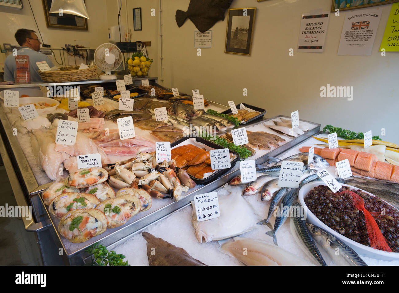 England, East Sussex, Hastings, The Stade, Fish Shop Display Stock ...