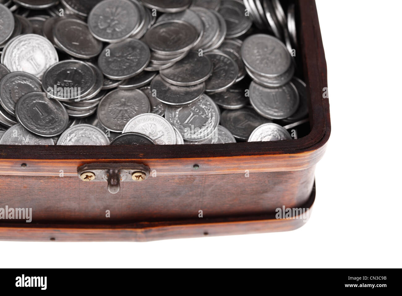 Treasure chest full of polish zloty coins isolated on white background ...
