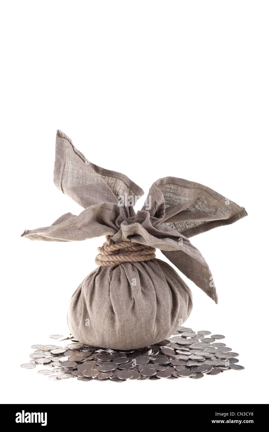 Big linen bag full of money tied by rope lying on one polish zloty ...