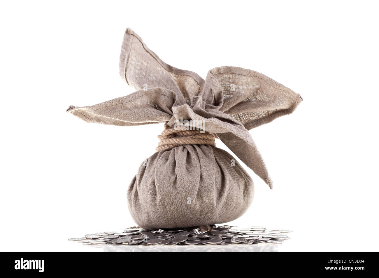 Big linen bag full of money tied by rope lying on one polish zloty ...