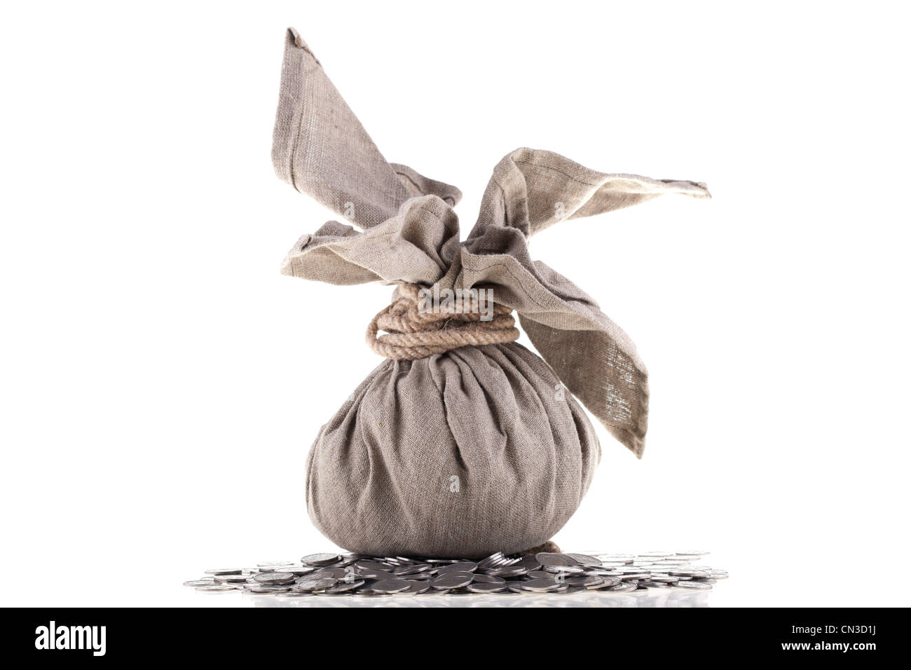 Big linen bag full of money tied by rope lying on one polish zloty ...