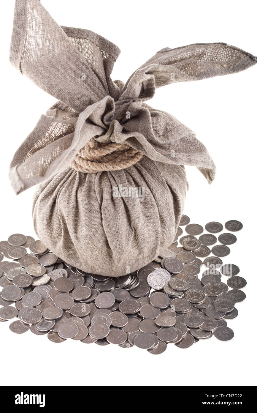 Big linen bag full of money tied by rope lying on one polish zloty ...