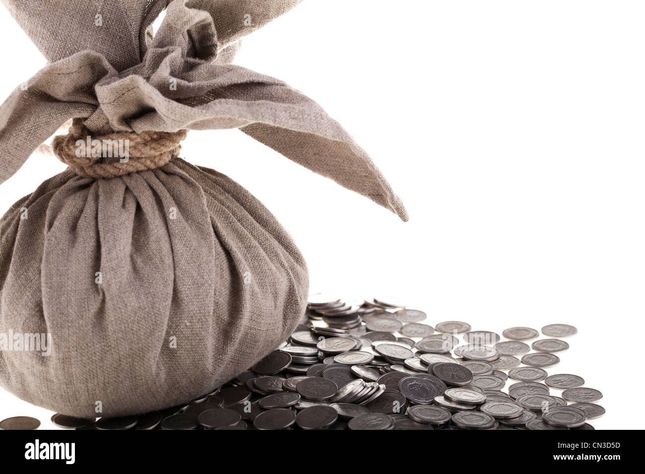 Big linen bag full of money tied by rope lying on one polish zloty ...