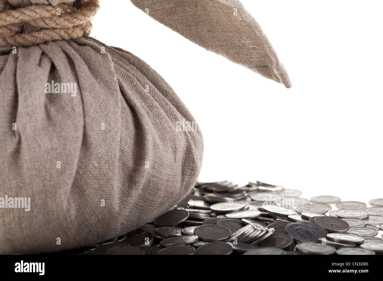 Big linen bag full of money tied by rope lying on one polish zloty ...