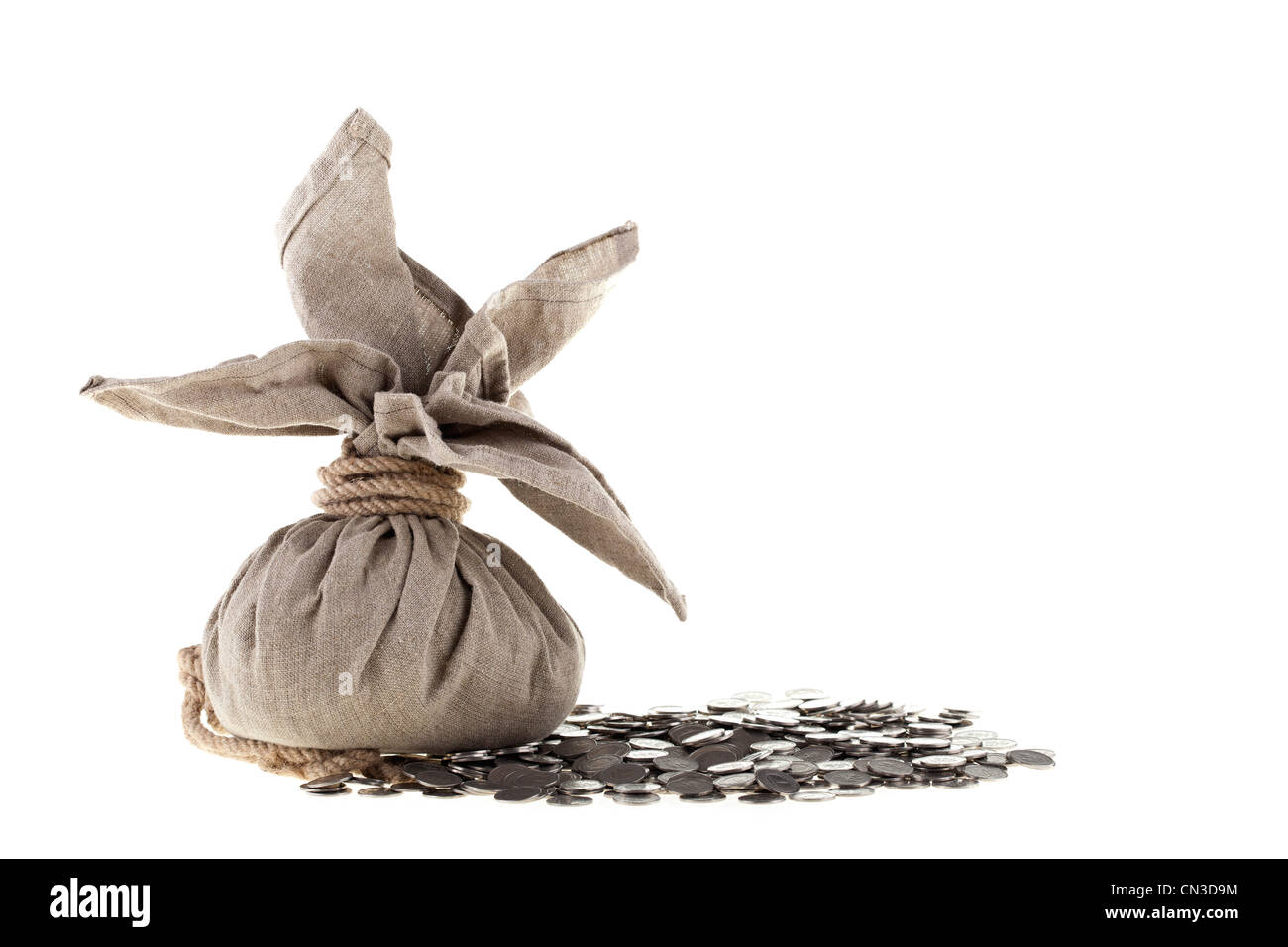 Big linen bag full of money tied by rope lying on one polish zloty ...