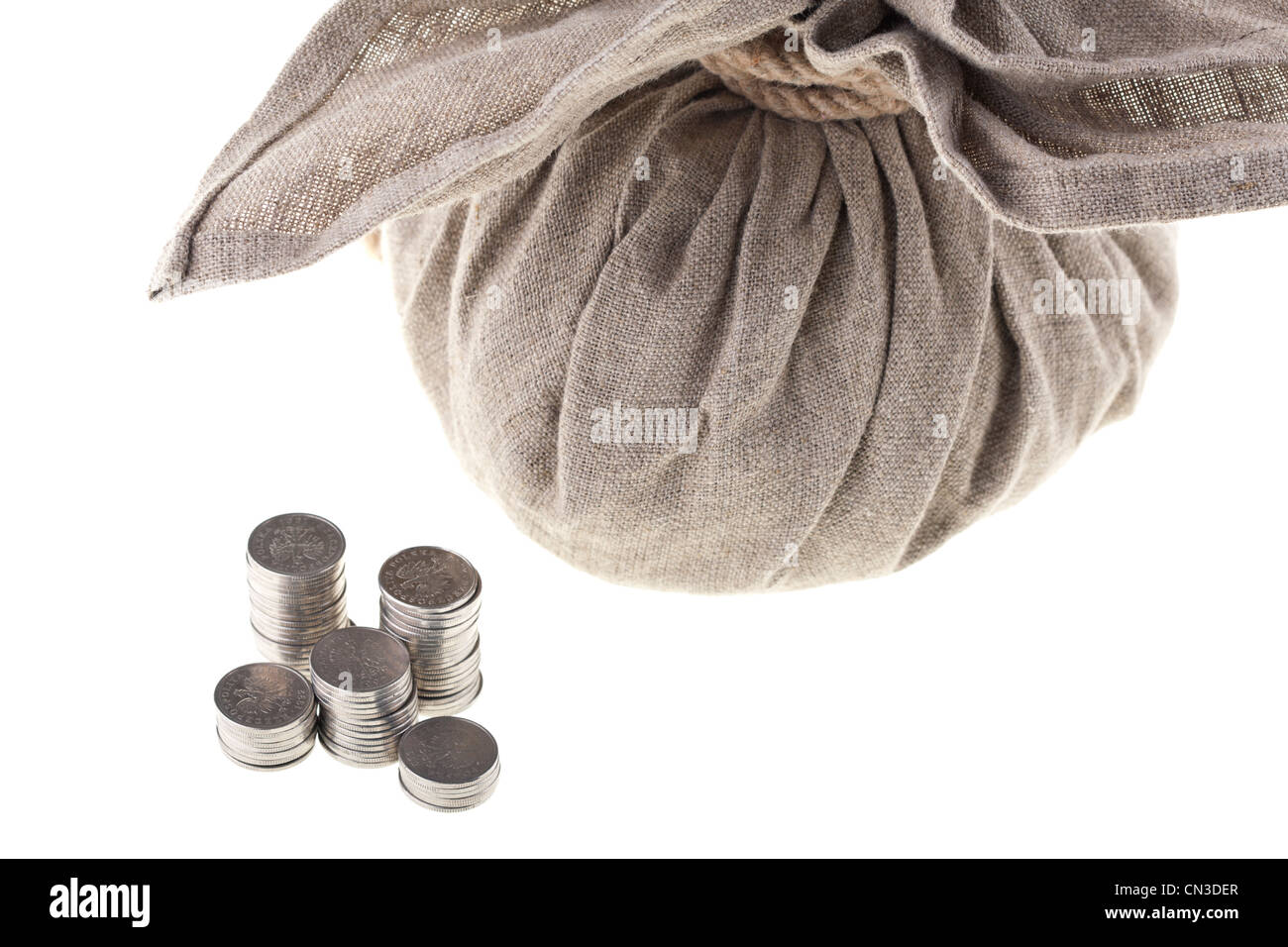 Big linen bag full of money tied by rope and one polish zloty coin ...