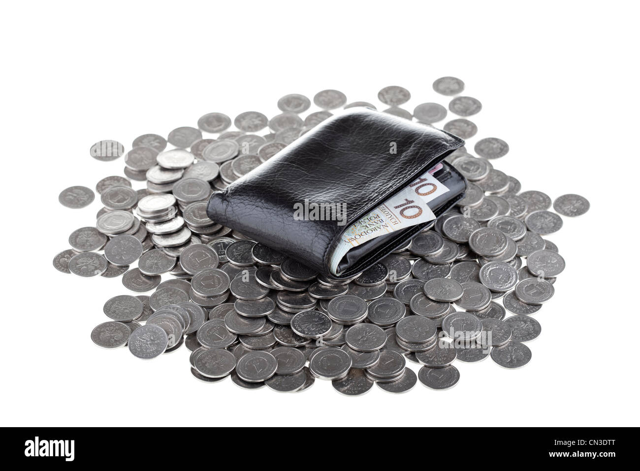 Black wallet with ten polish zloty paper money laying on one polish ...