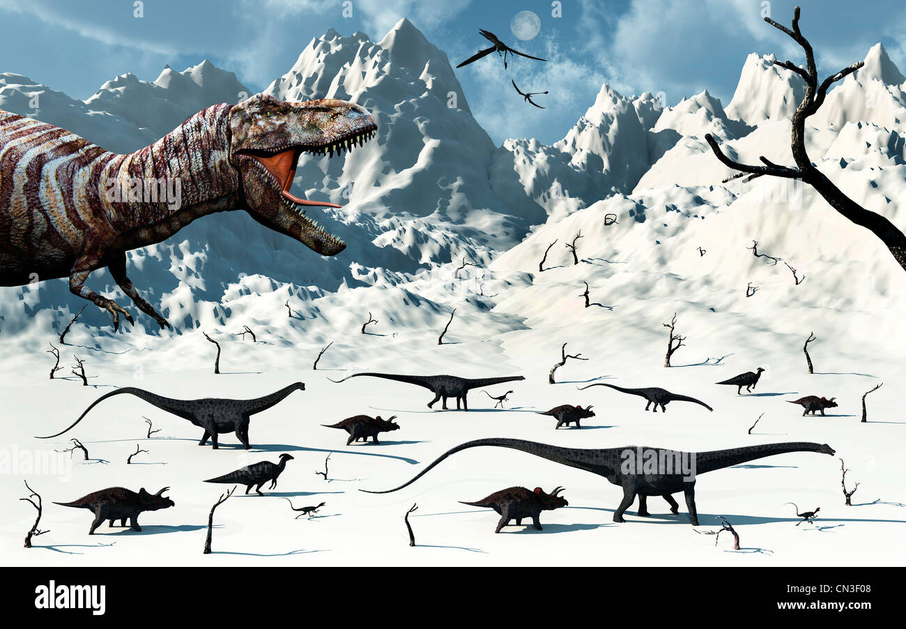 A T.Rex Stalking A Herd Of Herbivore Dinosaurs Stock Photo - Alamy