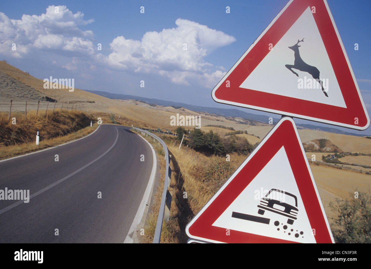 Street signs and country road in Le Crete region south of Siena,Tuscany ...