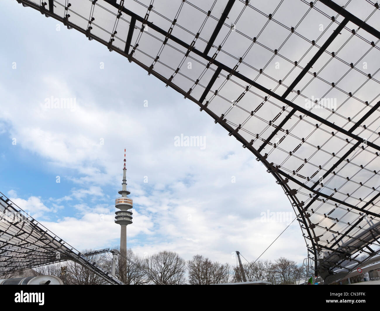 Roof of the olympic stadion Munich with the Olympiaturm (olympic tower ...