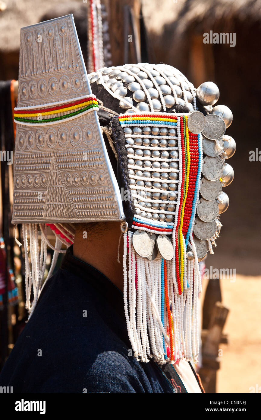Myanmar (Burma), Shan state, Kyaing Tong, Akha lady silver head jewels ...