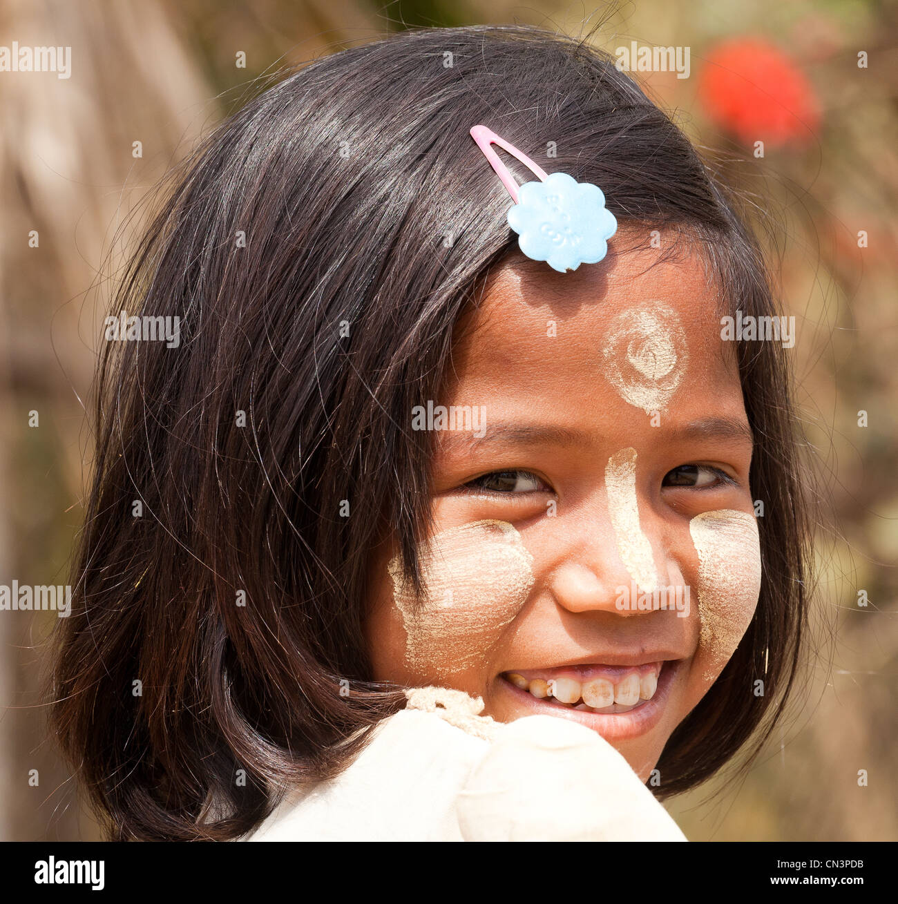 Myanmar (Burma), Rakhine (Arakan) state, Mrauk U, young girl with thanaka portrait Stock Photo ...