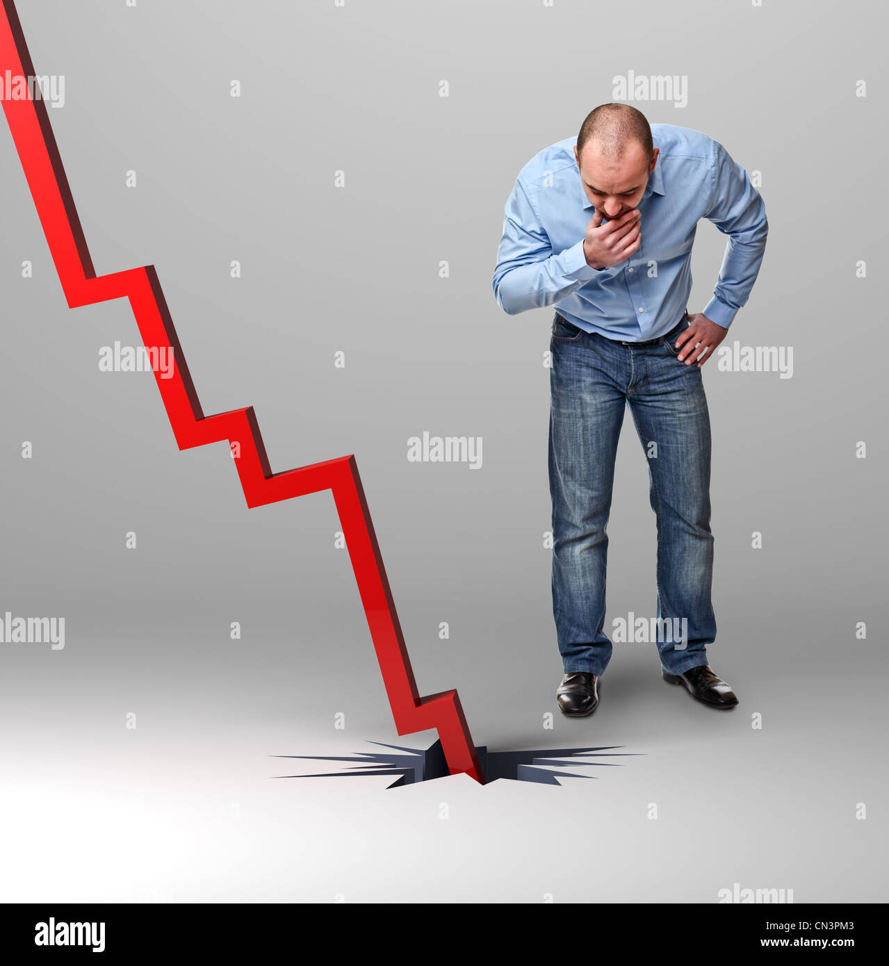 man look down and red falling chart Stock Photo - Alamy