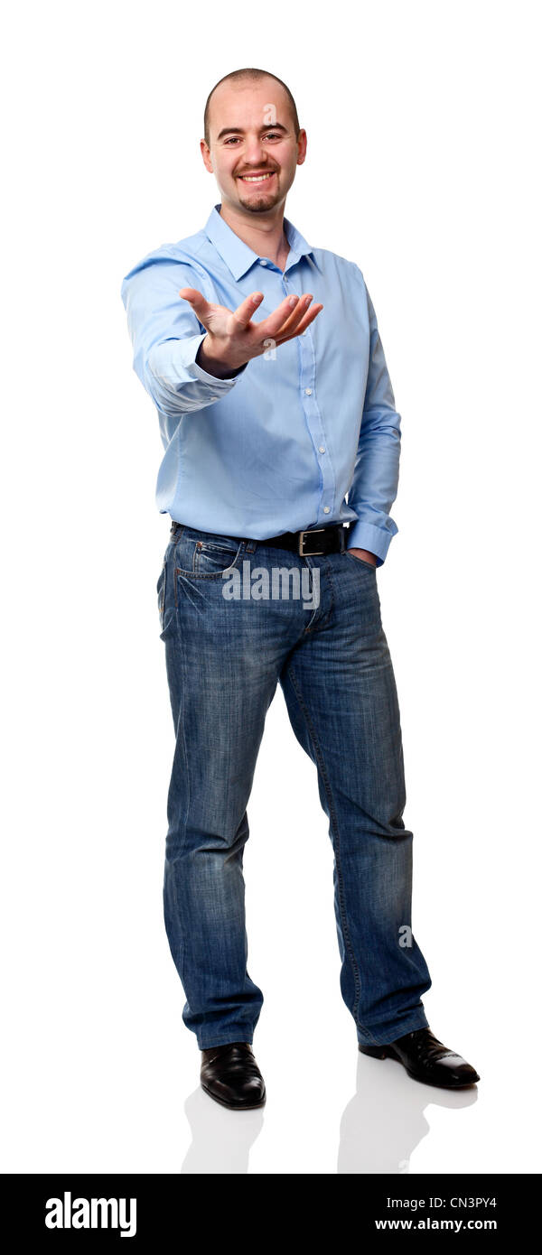 smiling man open hand on white background Stock Photo - Alamy