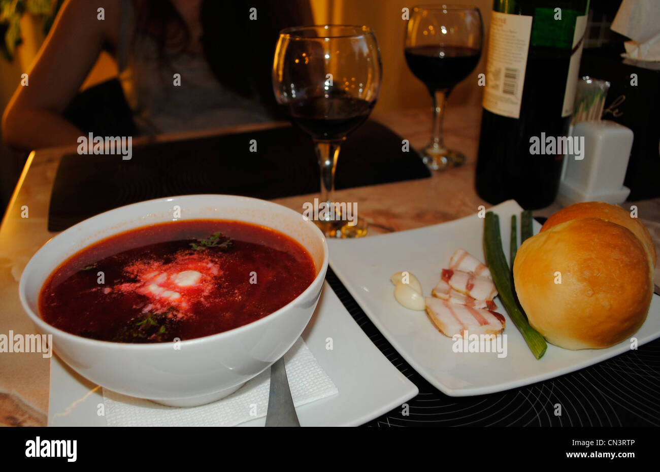 Ukrainian cuisine. Borscht. Typical Ukrainian soup. Peninsula of Crimea ...