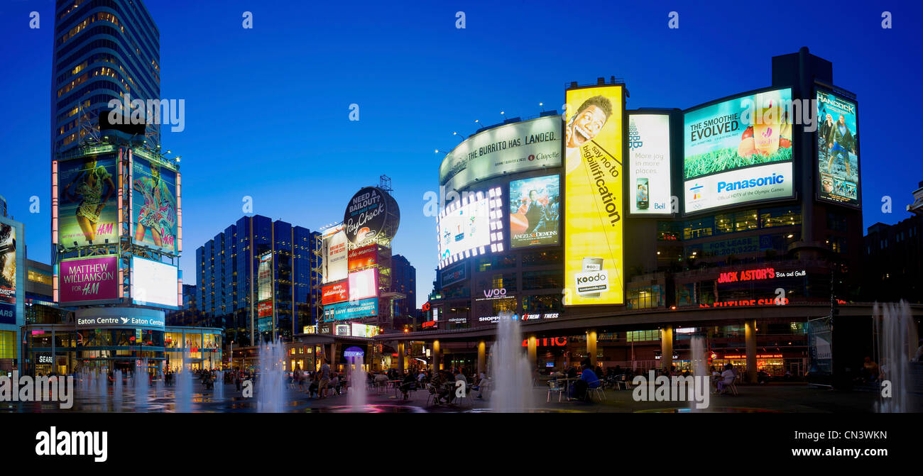 View of fountain and billboards, Dundas Square, Toronto, Ontario Stock ...