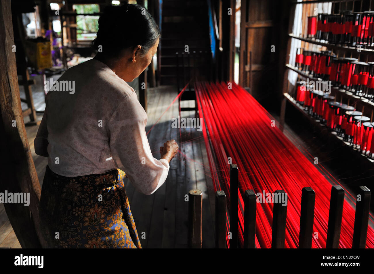 Myanmar (Burma), Shan State, Inle Lake, In Phaw Khone, silk weaving ...