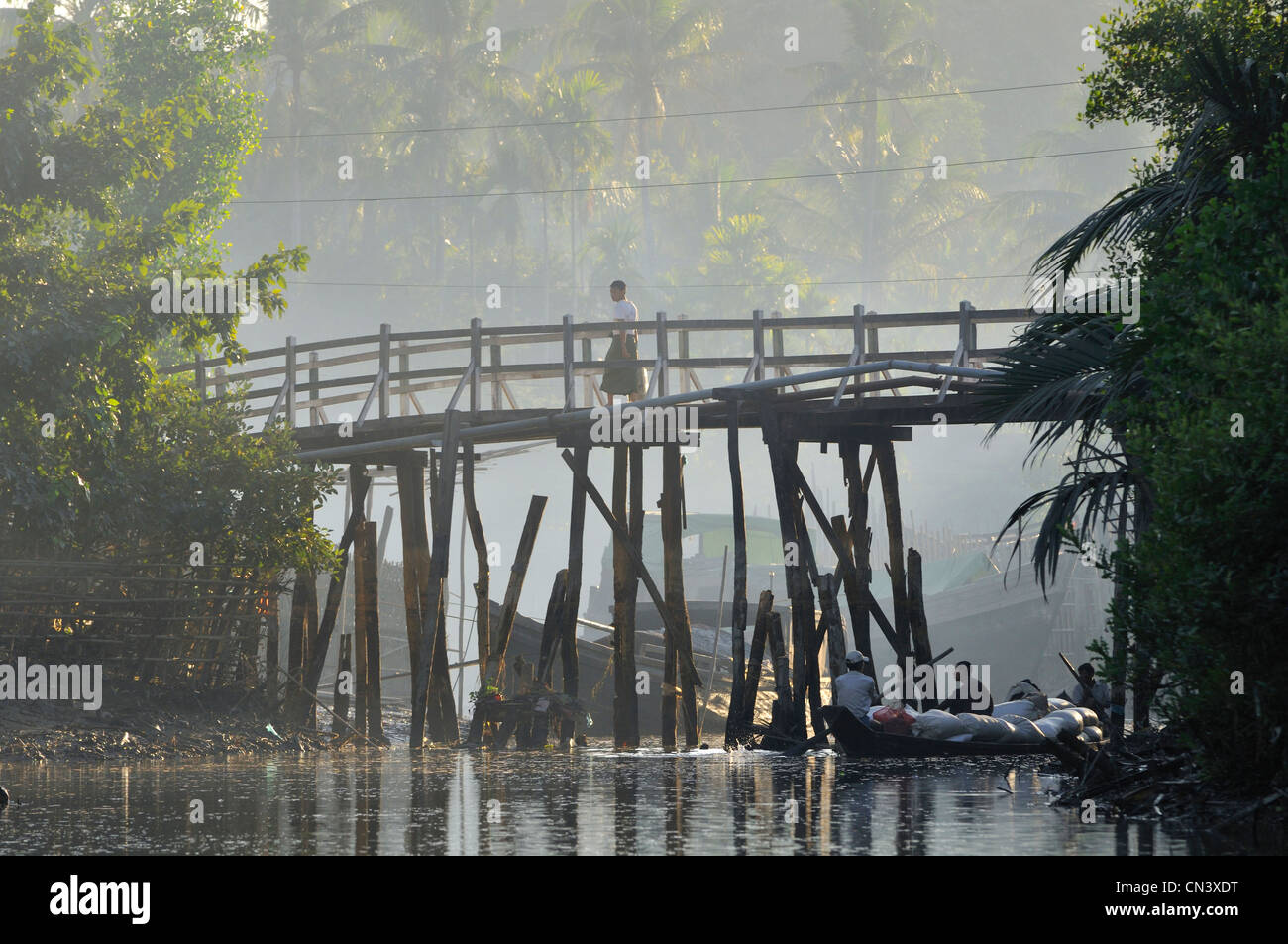 Myanmar (Burma), Rakhine State (Arakan), Mrauk U, bridge on the Kaladan ...