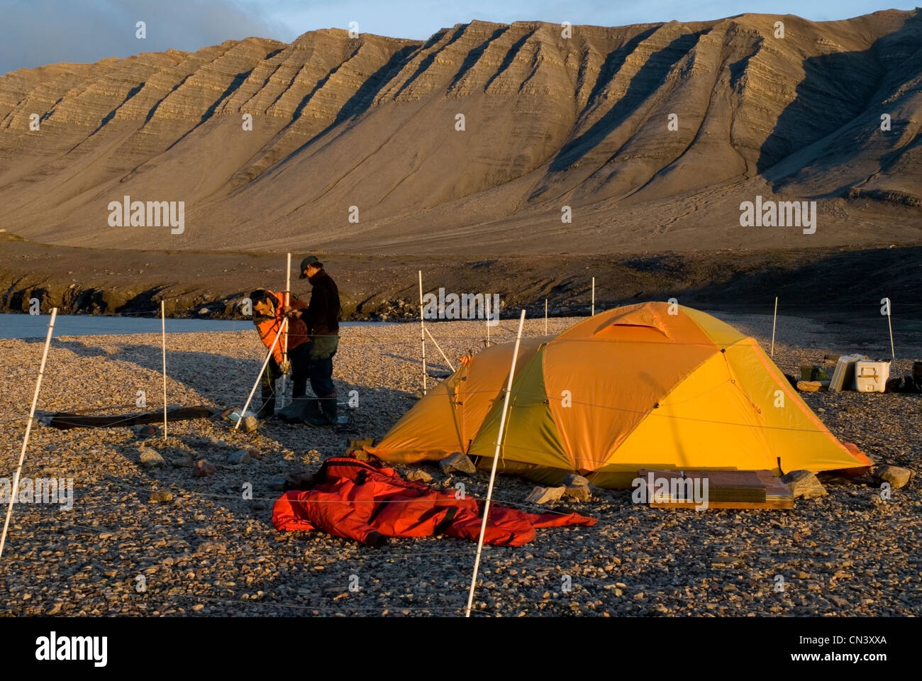 Tenting with electric bear fence, Tay Bay, Bylot Island, Sirmilik ...