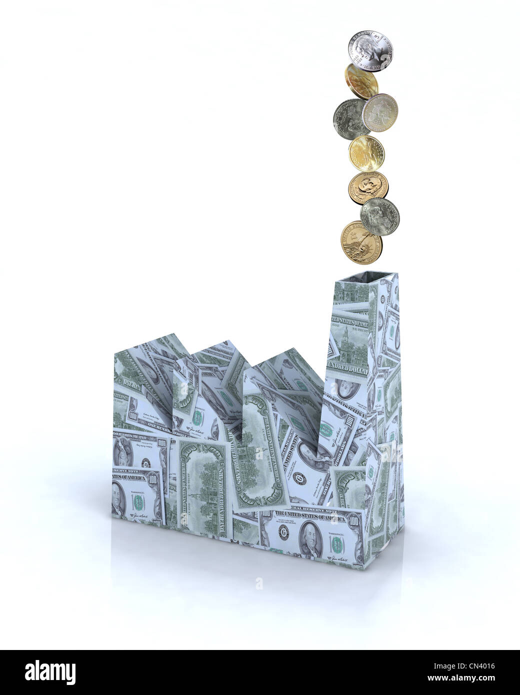 Building factory made of dollar banknotes with dollar coins on white ...