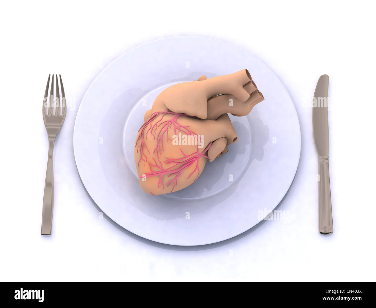 human heart on a plate with fork and knife, 3d illustration Stock Photo ...