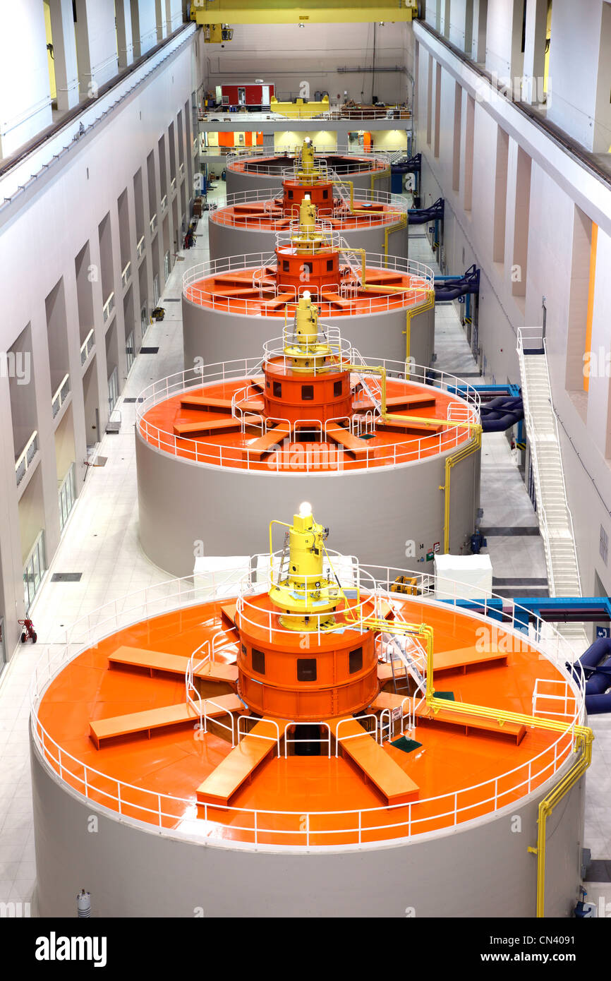 A lineup of large turbines generating electricity power on the Columbia ...