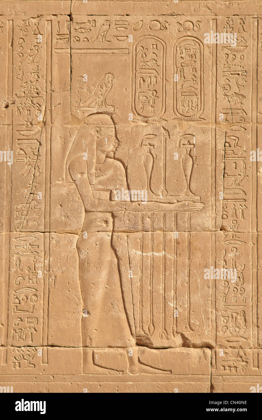 Egypt - Edfu, Temple of Horus, detail, relief of the wall inside the ...