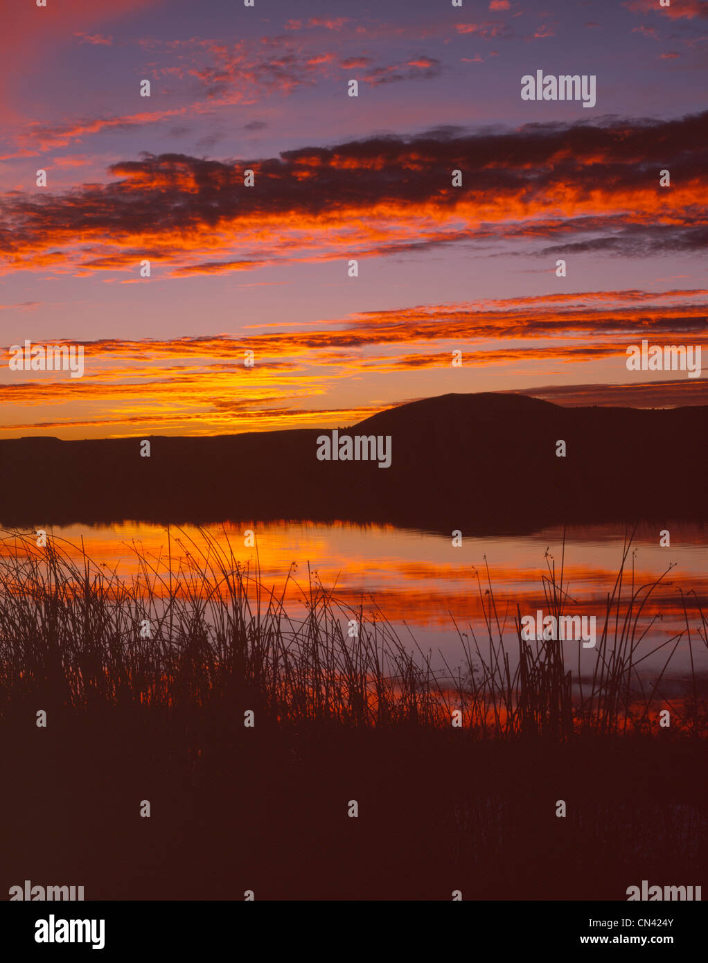 Sunset reddens clouds over Tule Lake, Tule Lake National Wildlife ...